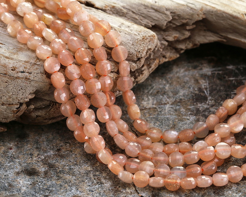 Peach Moonstone Faceted Puff Coin 4mm Beads