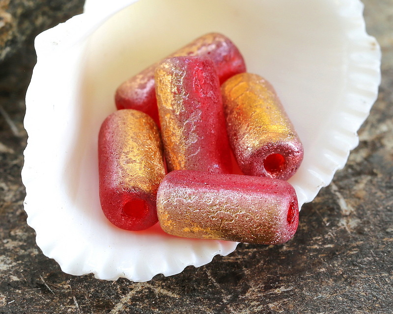 Czech Glass Textured Ruby w/ Copper Large Hole Tube 14x7mm