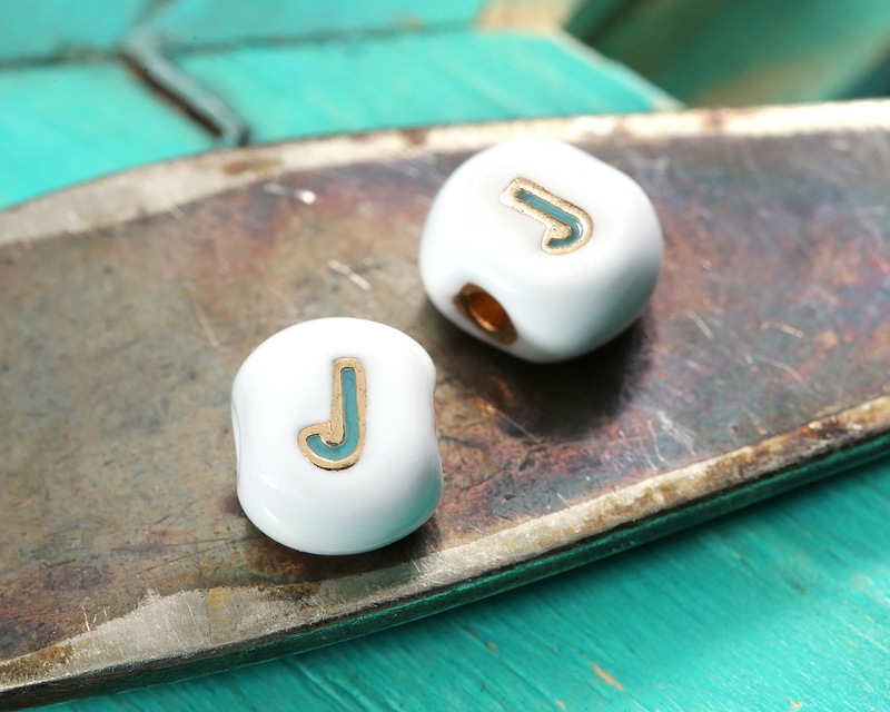 Turquoise Enamel on White Letter 'J' Puff Bead 7x8mm