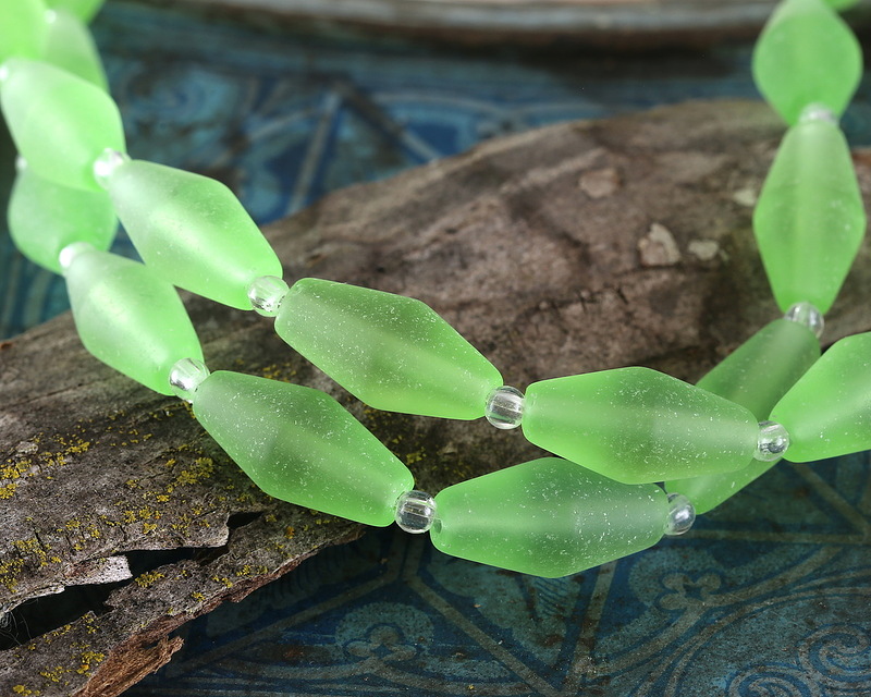 Peridot Beach-Style Glass Elongated Bicone Beads 17x8mm