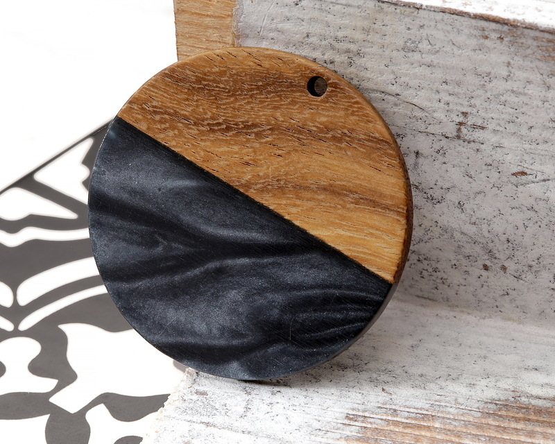 Walnut Wood & Jet Pearlescent Resin Coin Focal 38mm