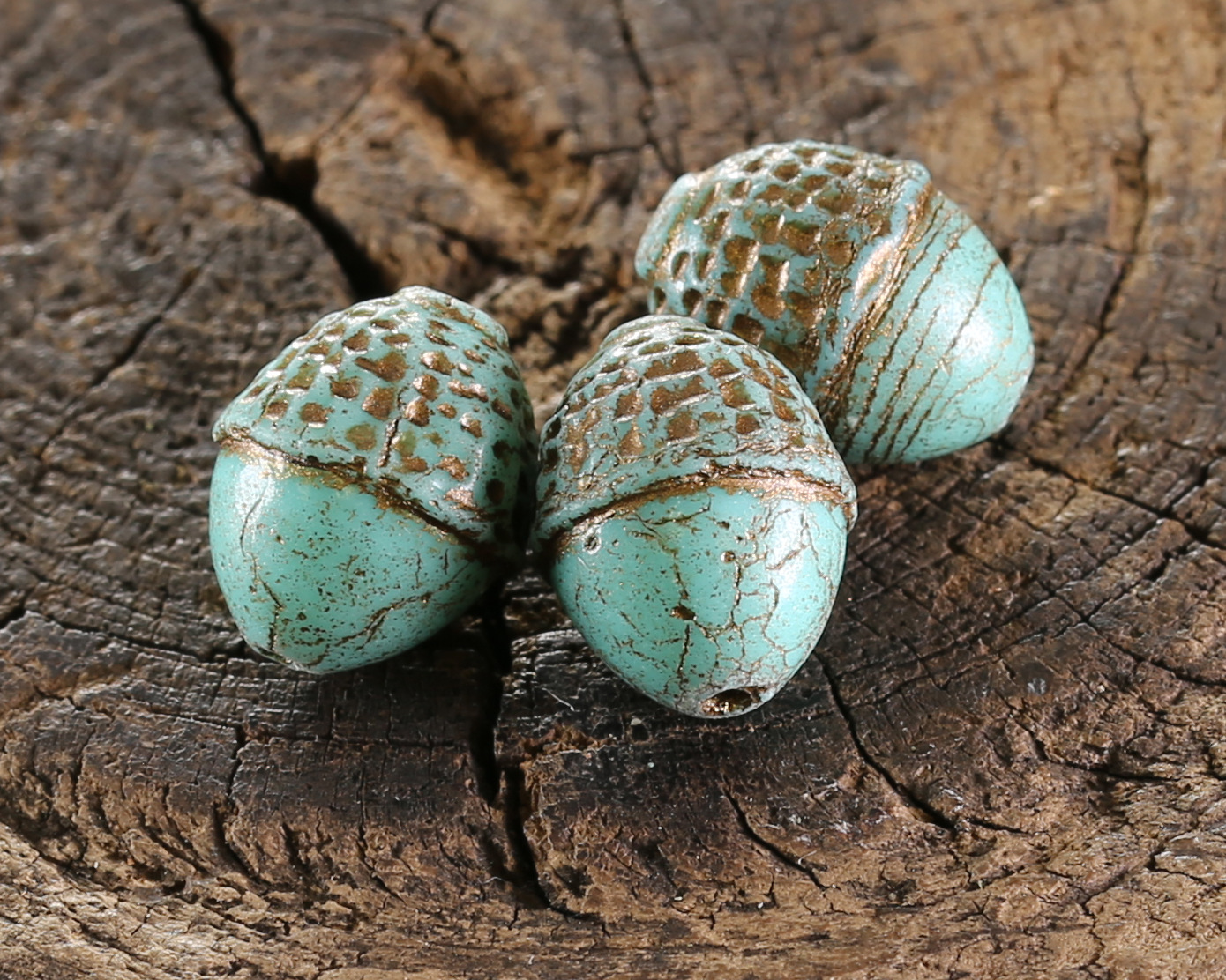Czech Glass Matte Turquoise w/ Bronze Acorn 12x10mm