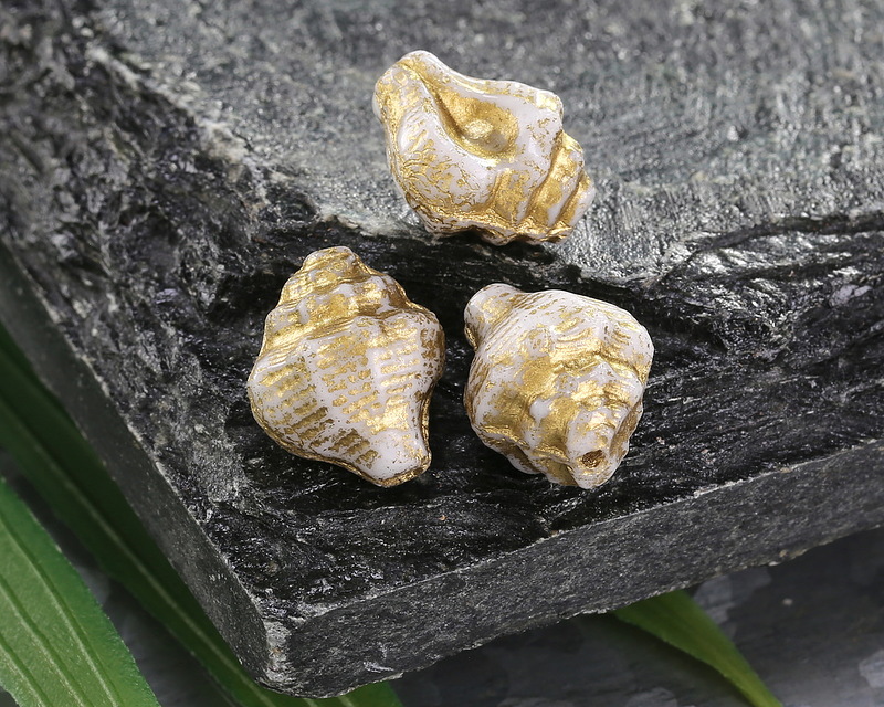 Czech Glass White w/ Gold Murex Shell 15x12mm