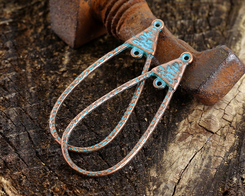 Patina Blue Copper (plated) Hammered Open Teardrop w/ Loop Focal 20x51mm
