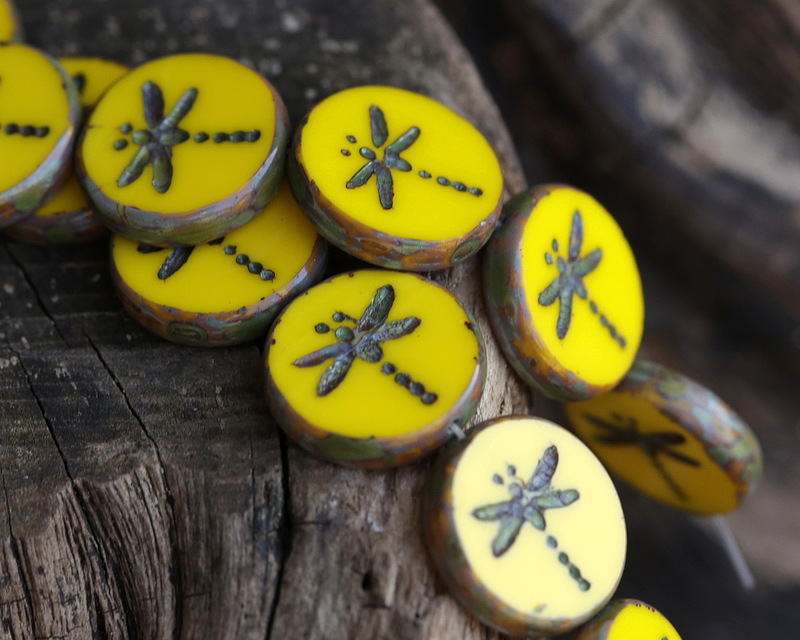 Czech Glass Lemon Picasso Dragonfly Coin 17mm
