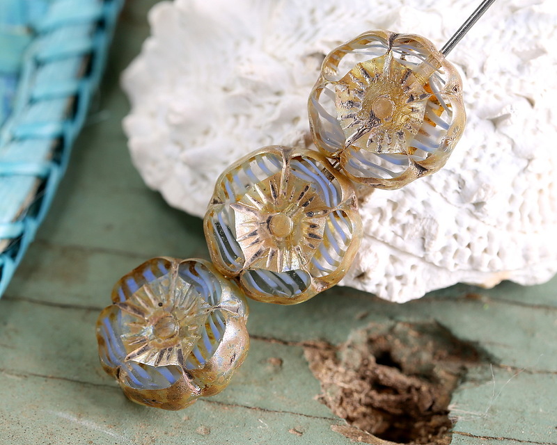 Czech Glass Periwinkle Bands Picasso Hibiscus Coin 12mm