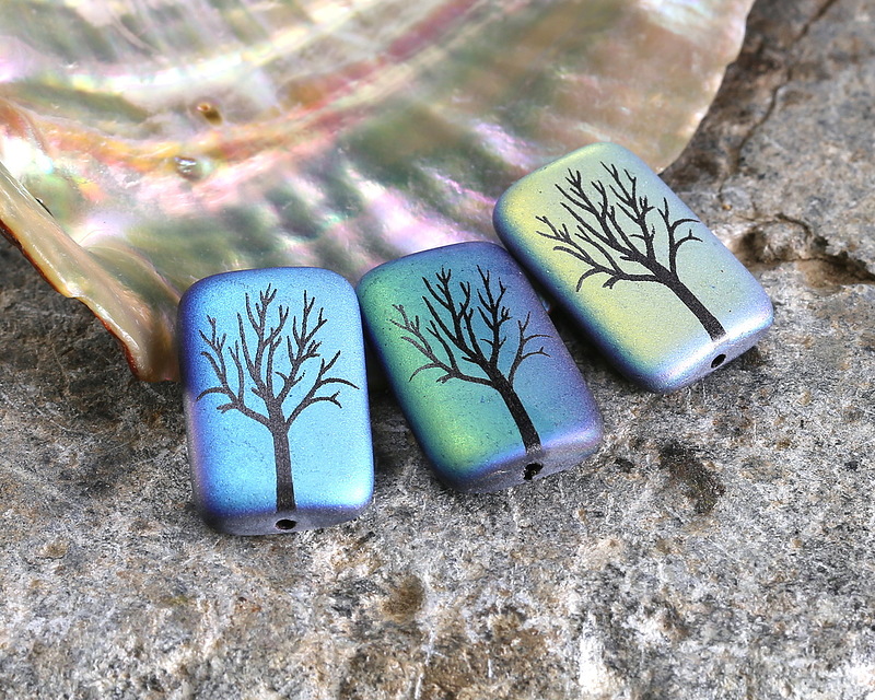 Czech Glass Laser Etched Tree on Matte Jet w/ AB Finish Rectangle 19x12mm