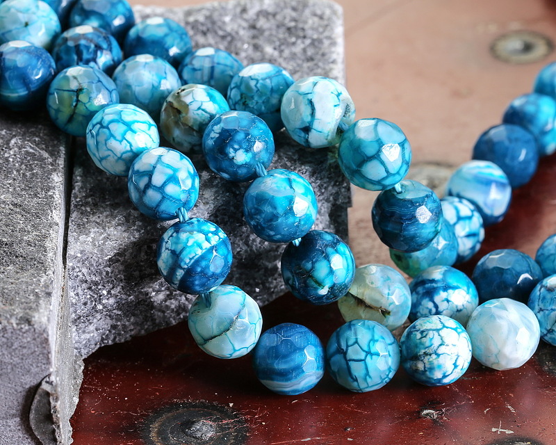 Aqua/White Fire Agate Faceted Round 10mm