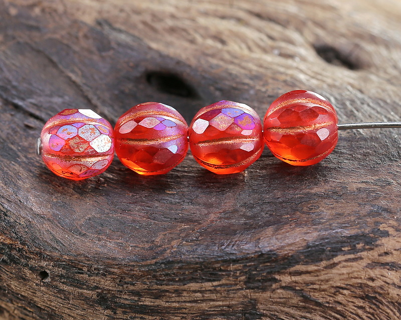 Czech Glass Matte Ruby AB w/ Copper Faceted Melon Round 8mm