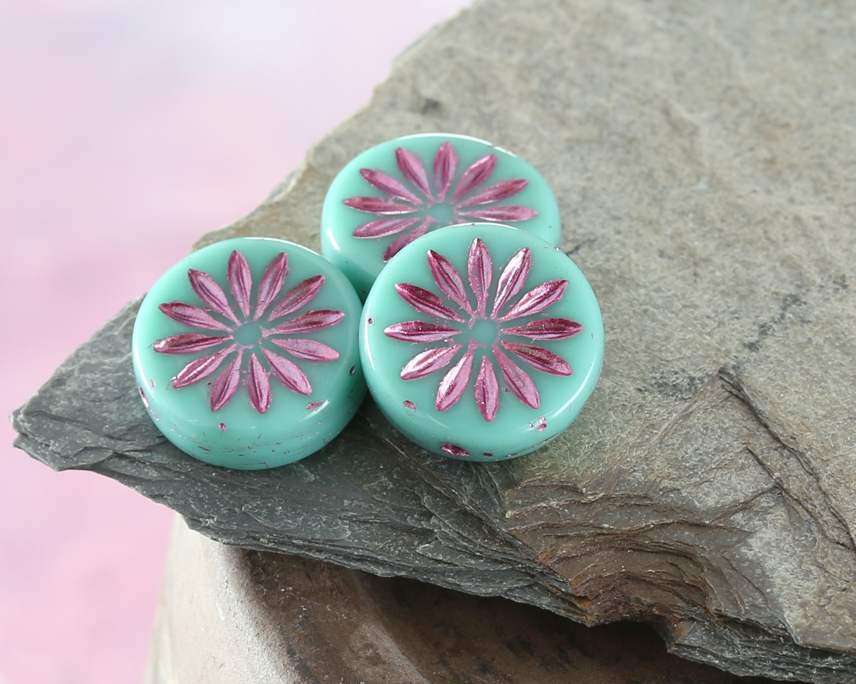 Czech Glass Turquoise w/ Metallic Pink Daisy Coin 12mm