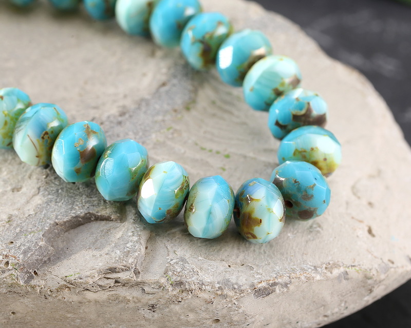 Czech Glass Sky Blue & Light Sea Green Picasso Fire Polished Rondelle 6x9mm