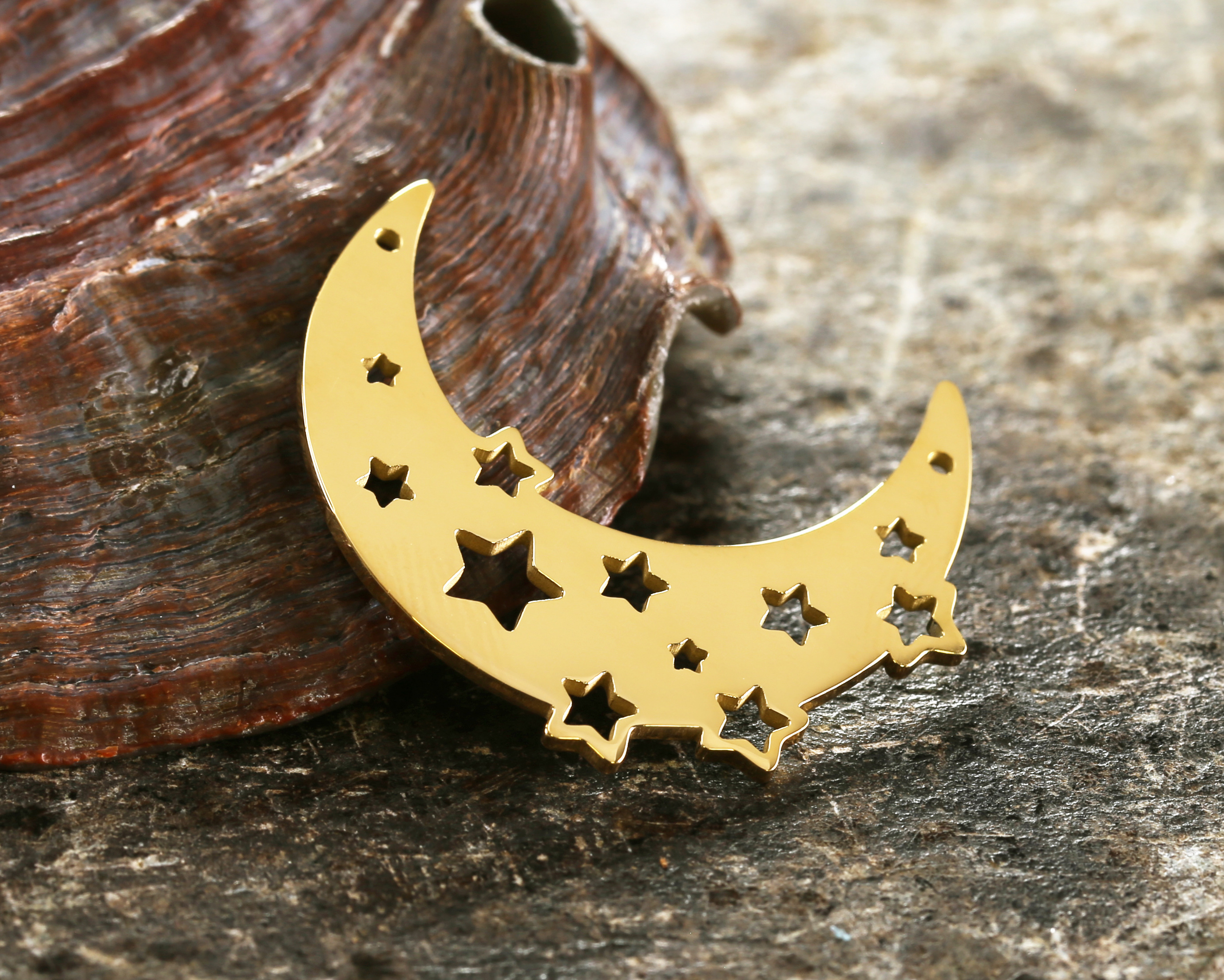 18K Gold (plated) Stainless Steel Crescent Moon & Stars Focal Link 25x30mm