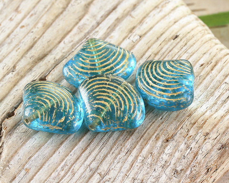 Czech Glass Aquamarine w/ Gold Wash Clam Shell Bead 15x18mm