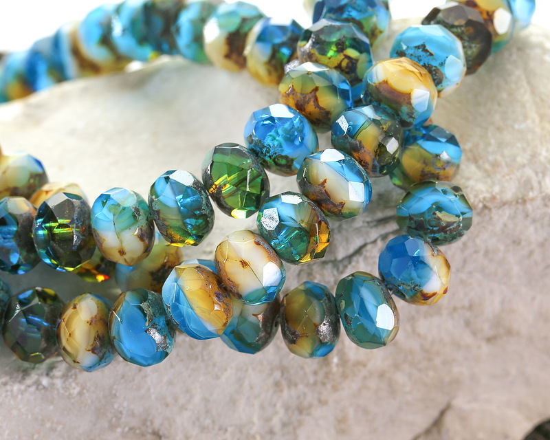 Czech Glass Lakeshore Picasso Fire Polished Rondelle 6x8mm