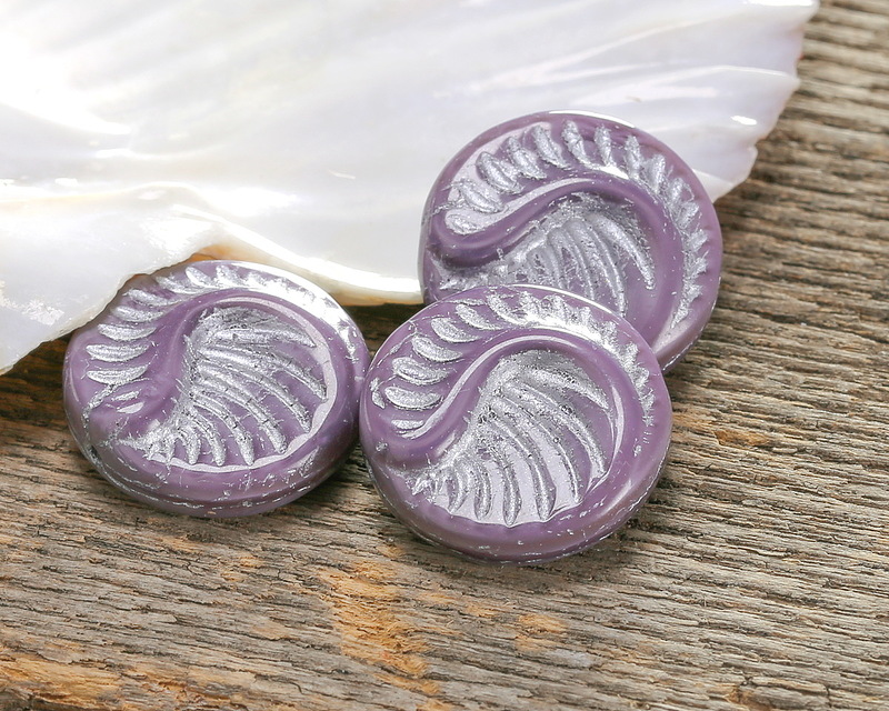 Czech Glass Lavender w/ Silver Fossil Shell Coin 19mm