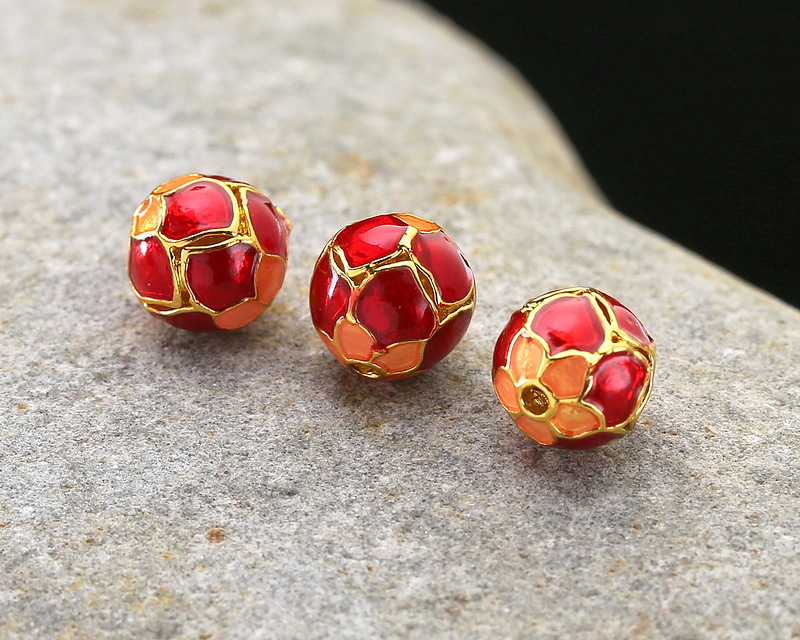 Cloisonné Red & Pink Coral w/ Gold Finish 5-Point Flower Round 8mm