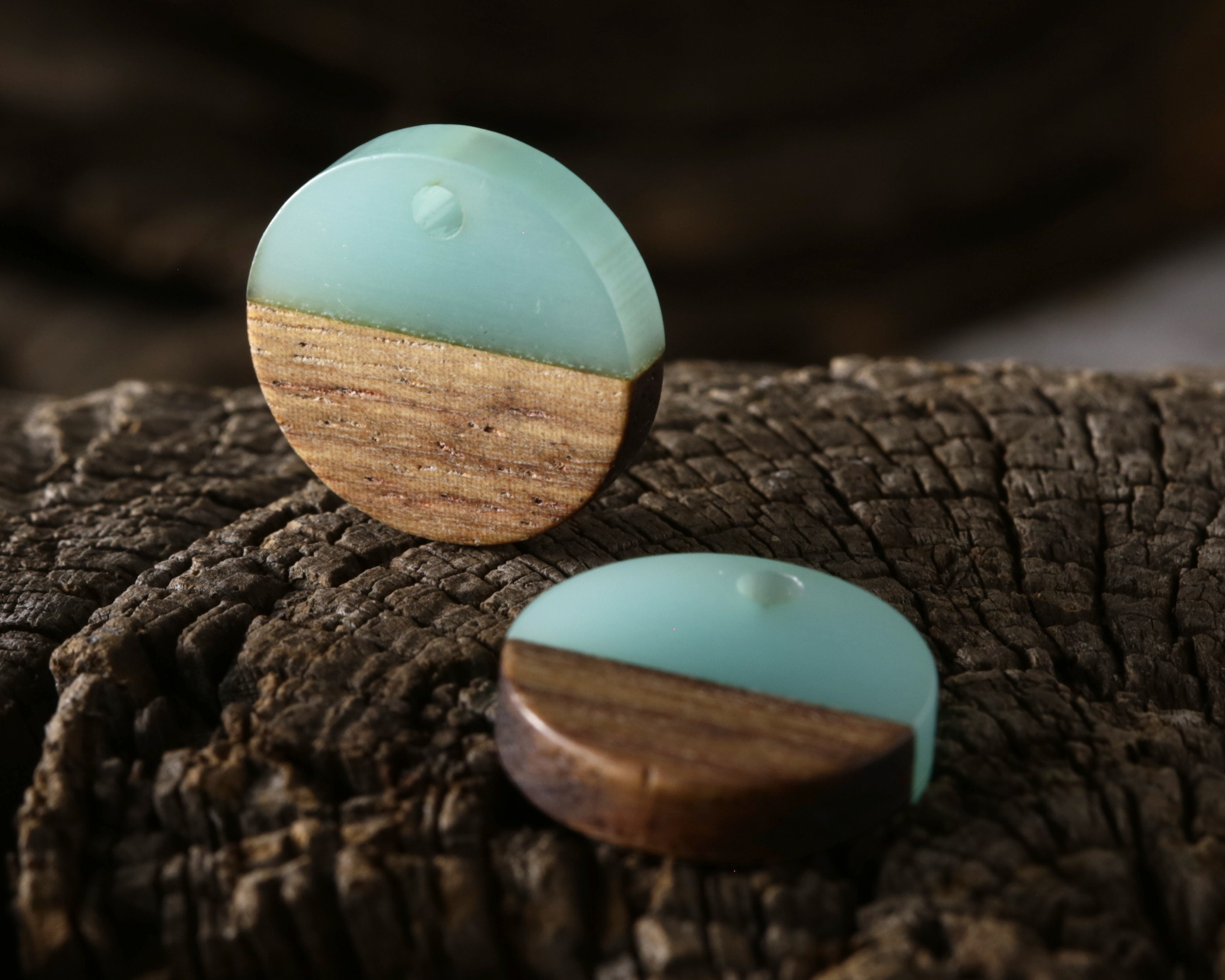 Walnut Wood & Sea Green Resin Coin Focal 15mm