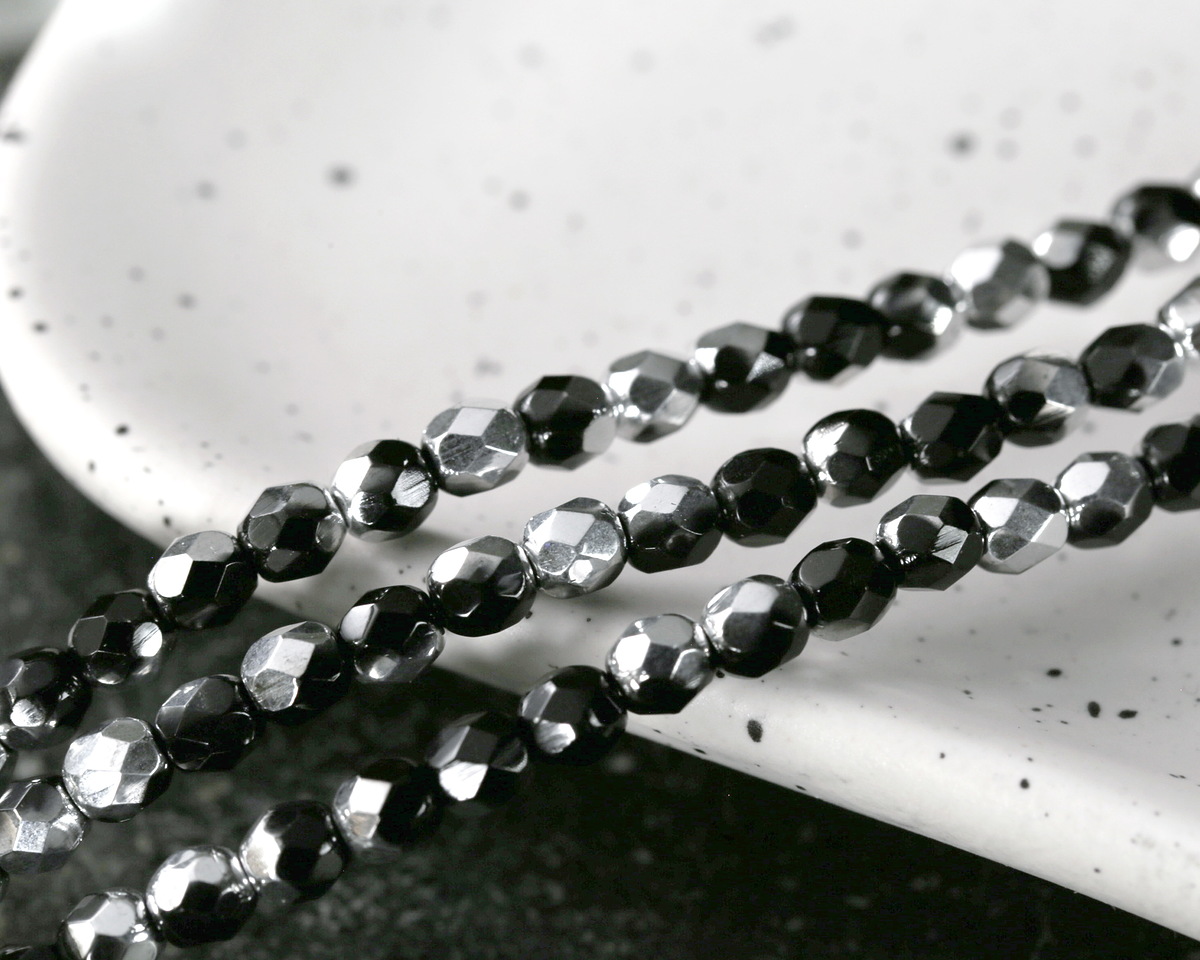 Czech Glass Jet 1/2 Silver Fire Polished Round 4mm