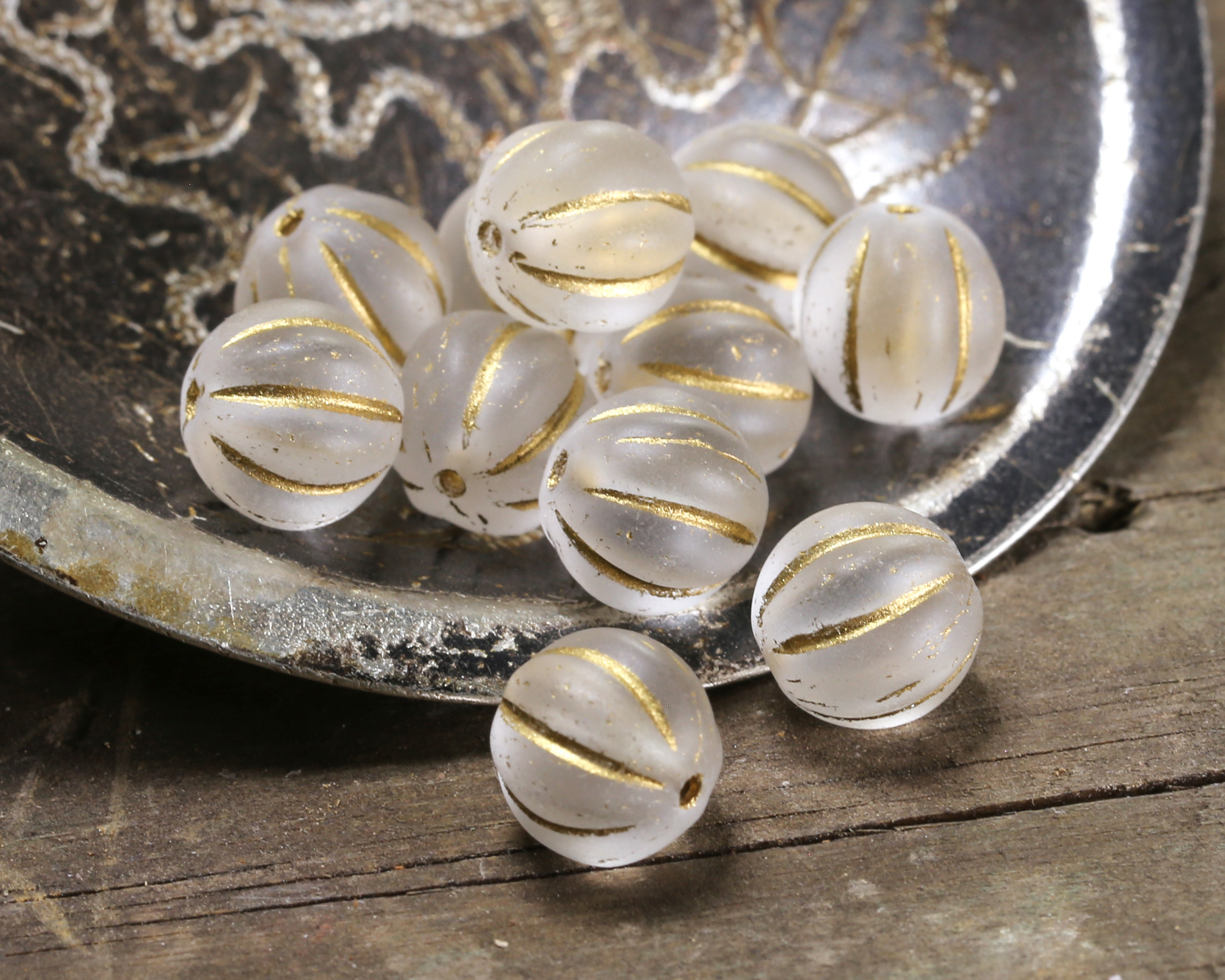 Czech Glass Matte Crystal w/ Gold Melon Round 8mm