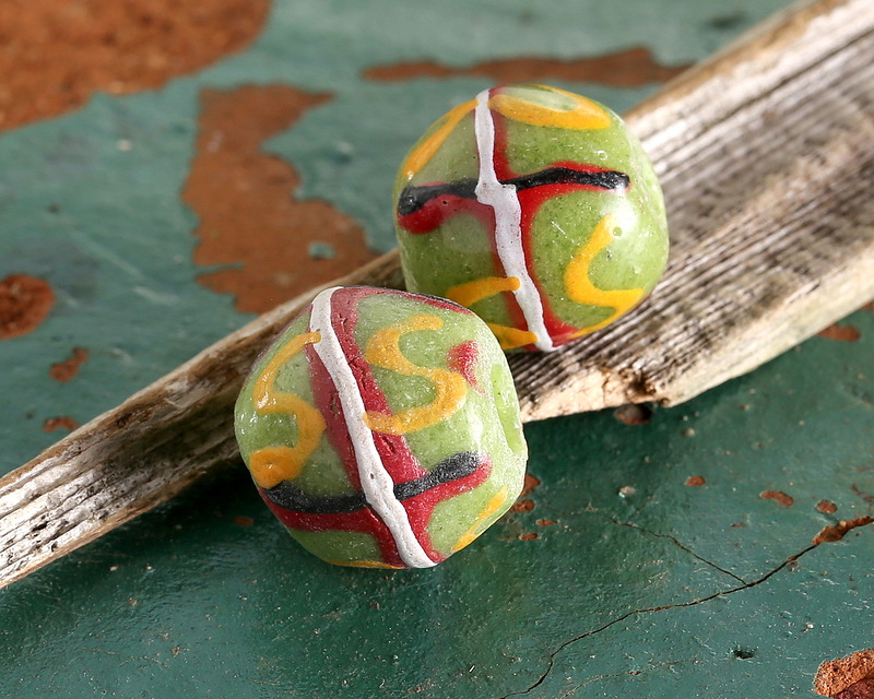 African Powder Glass Green w/ Red, Saffron & White "King Style" Bead 13 ...
