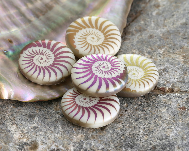 Czech Glass Laser Etched Ammonite on Matte White w/ Rainbow Finish Coin ...
