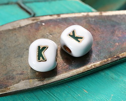 Emerald Enamel on White Letter 'K' Puff Bead 7x8mm