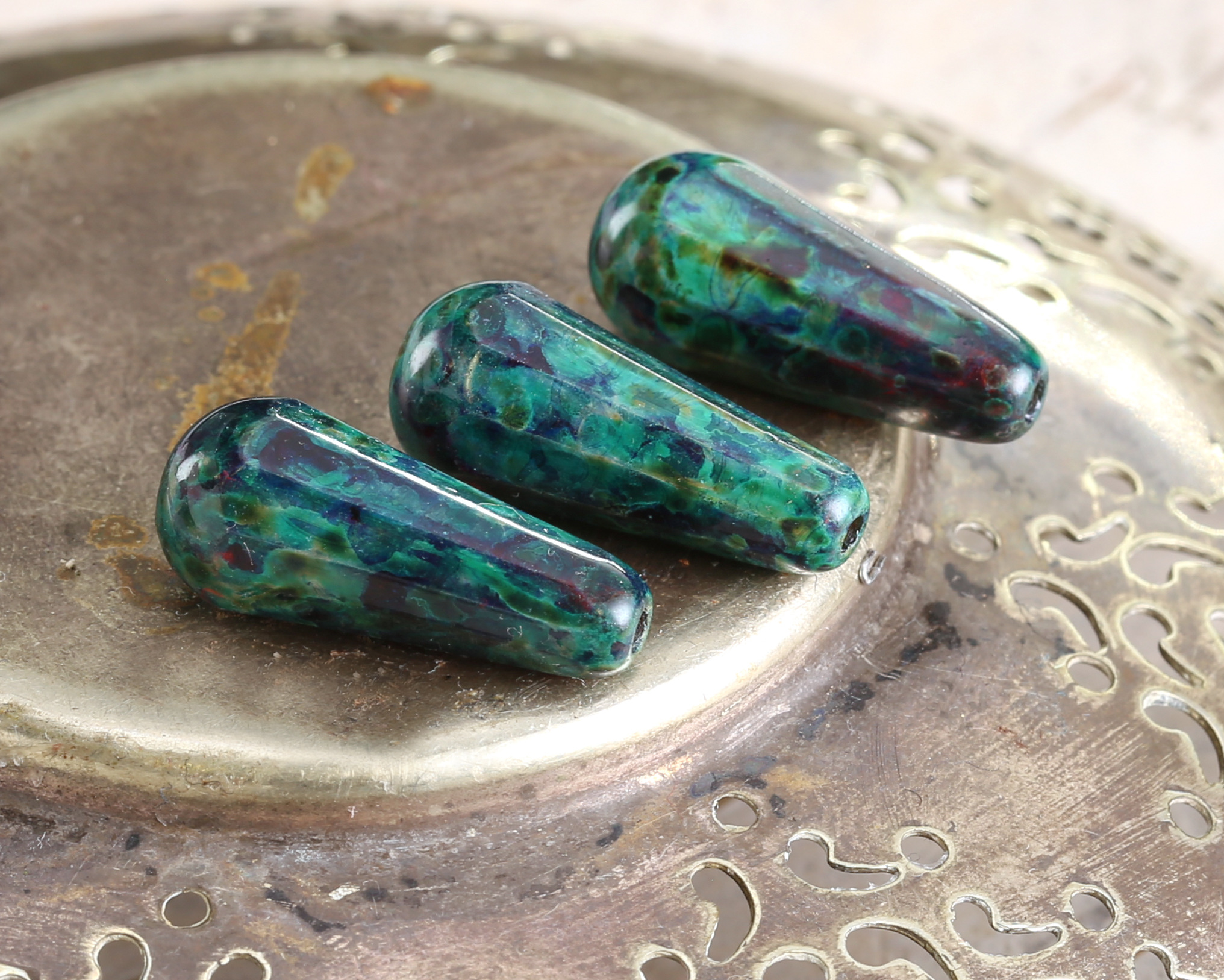 Czech Glass Garnet w/ Green Wash Faceted Teardrop 20x9mm