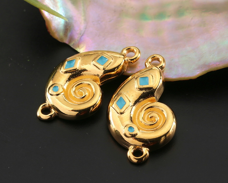 24K Gold (plated) Nautilus Shell w/ Turquoise Enamel Shapes Focal Link ...