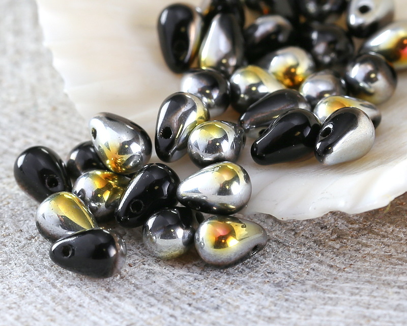 Czech Glass Jet w/ Silver & Gold Raspberry Teardrop 4x6mm