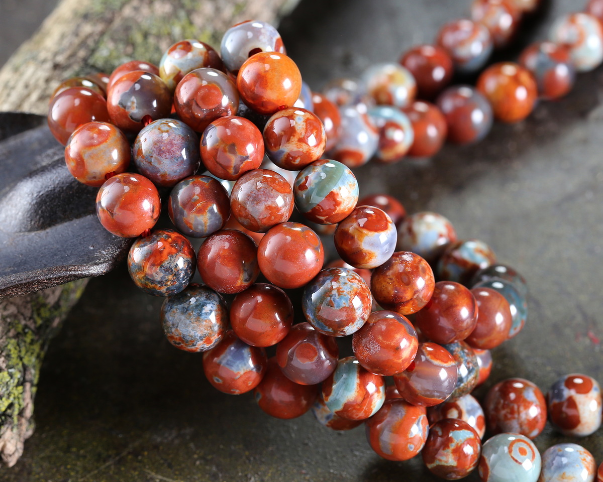 Copper Red & Sage Agate Round 8mm
