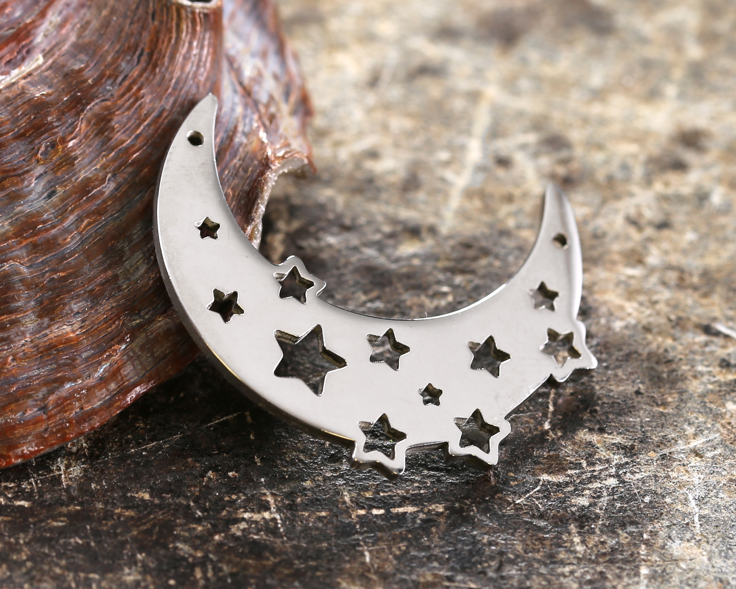 Stainless Steel Crescent Moon & Stars Focal Link 25x30mm
