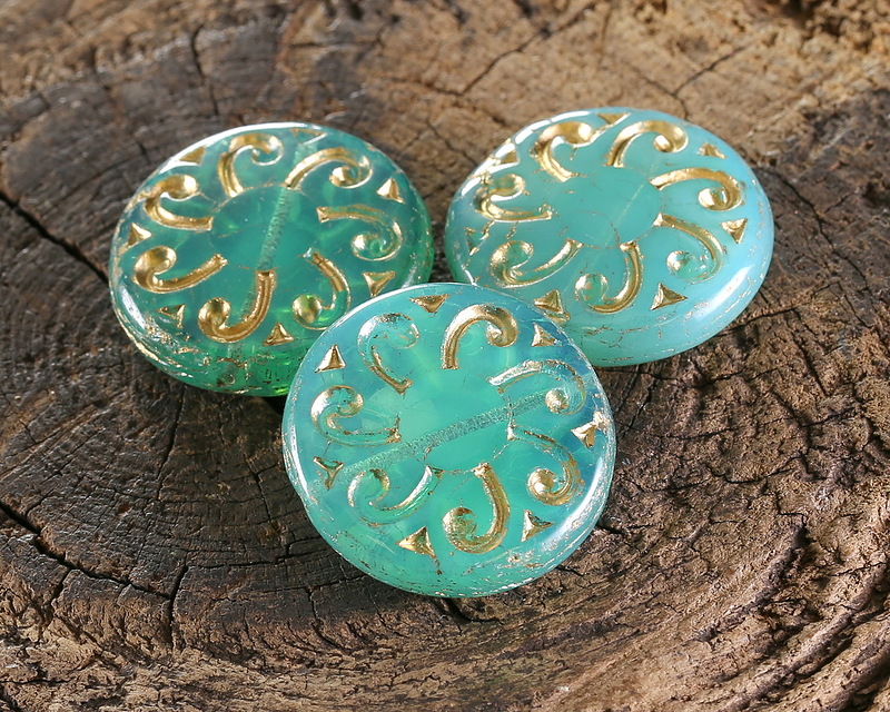 Czech Glass Green Opal w/ Gold Sun Coin 23mm