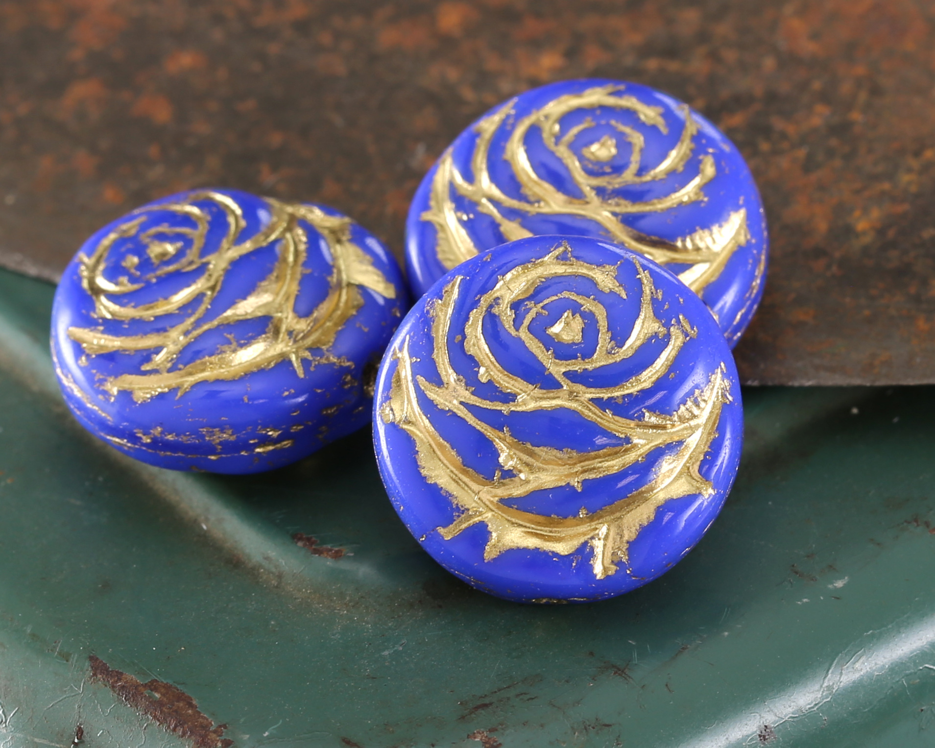 Czech Glass Cobalt w/ Gold Rose Coin 17mm