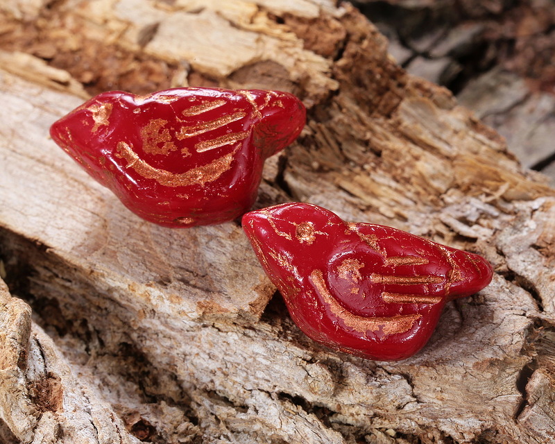 Czech Glass Ruby w/ Copper Bird 11x22mm