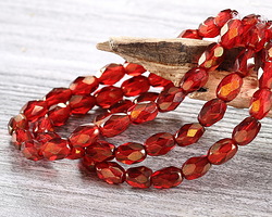 Czech Glass Ruby Red w/ Gold Luster Fire Polished Rice 7x5mm