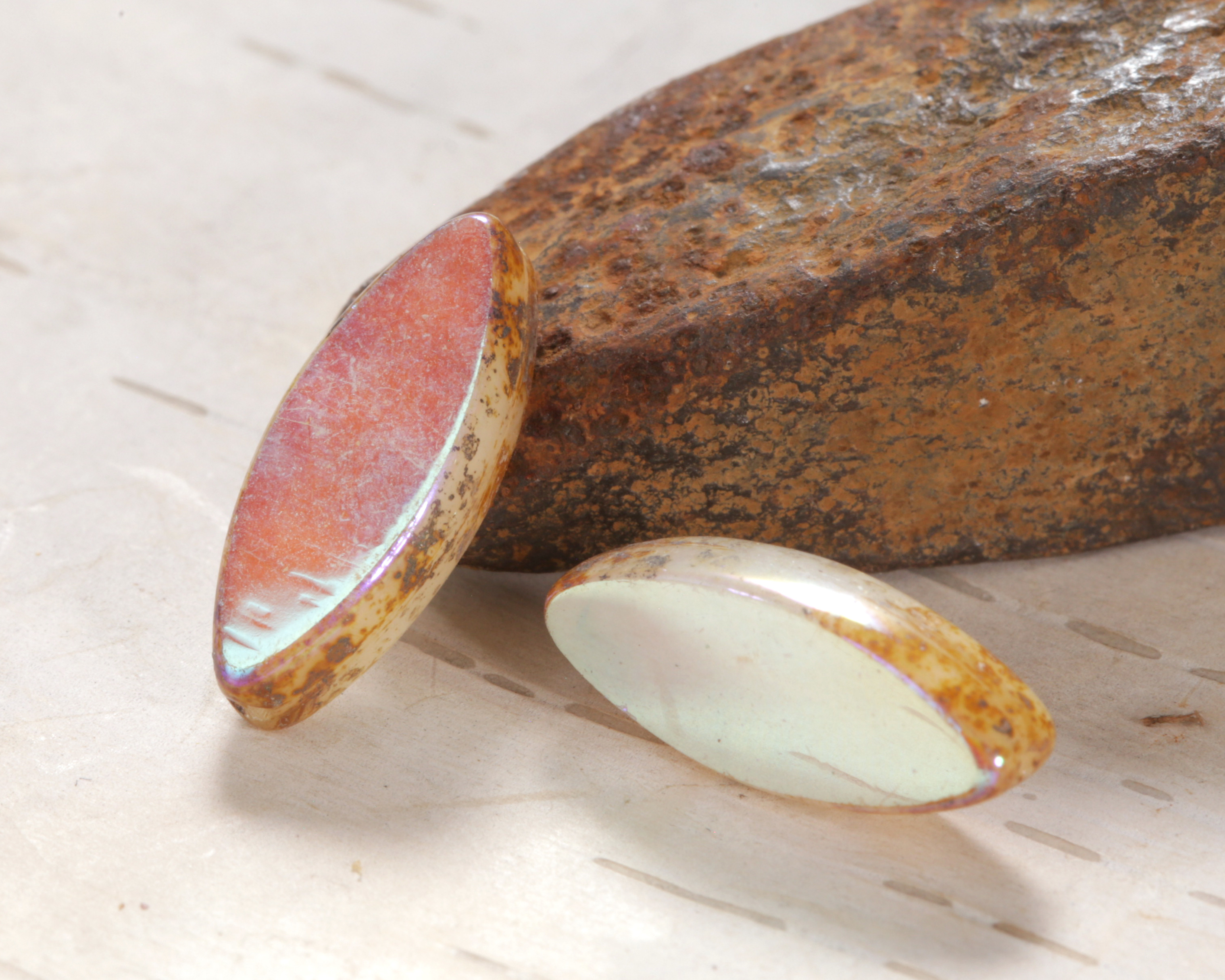 Czech Glass Ivory AB w/ Mercury Glass Finish Horse Eye 18x8mm