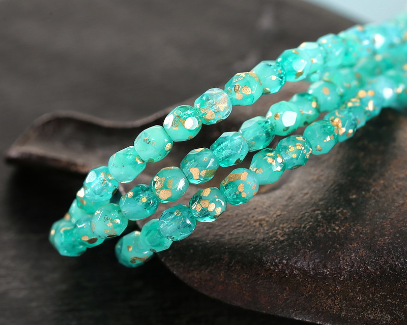 Czech Glass Marbled Green Opal w/ Gold Flecks Fire Polished Round 4mm