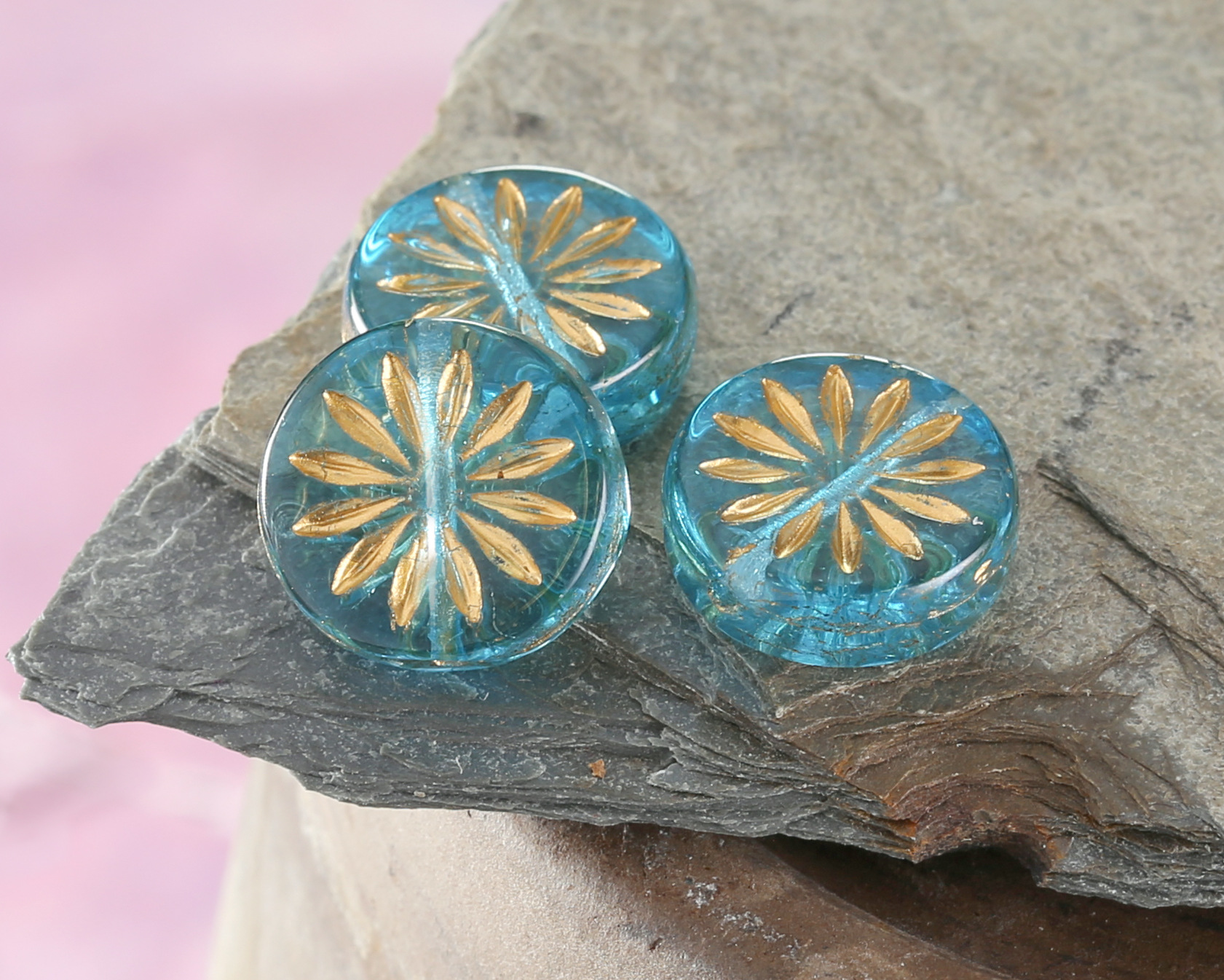 Czech Glass Aquamarine w/ Gold Daisy Coin 12mm