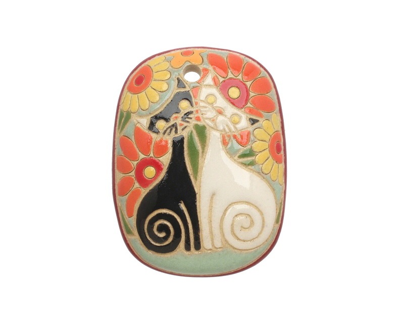 Golem Studio Cats in the Garden Carved Ceramic Rectangle Pendant 30x41mm