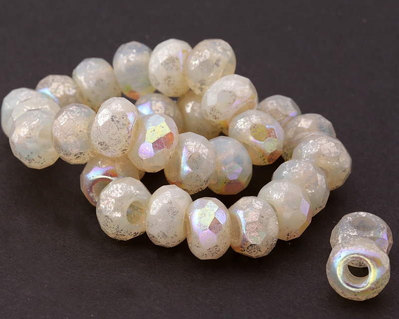 Czech Glass Ivory AB w/ Mercury Glass Finish Large Hole Fire Polished ...