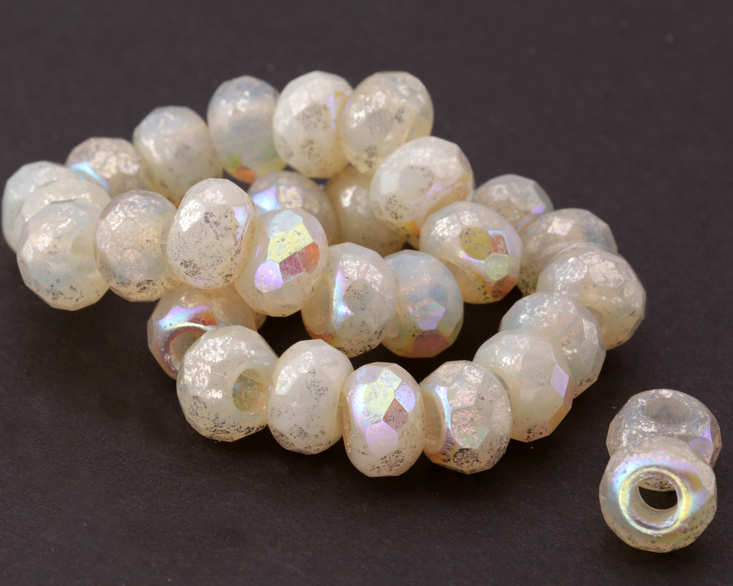 Czech Glass Ivory AB w/ Mercury Glass Finish Large Hole Fire Polished ...