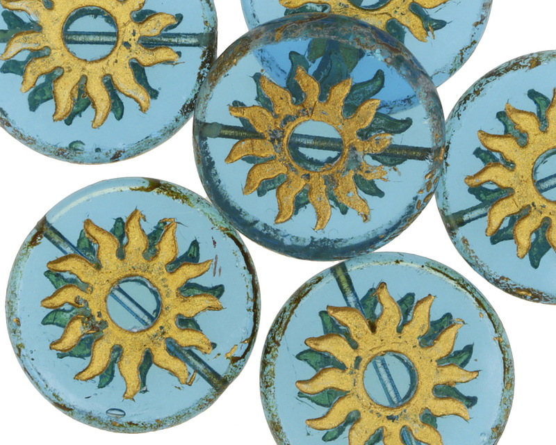 Czech Glass Coastal Blue w/ Gold Sun Coin 22mm