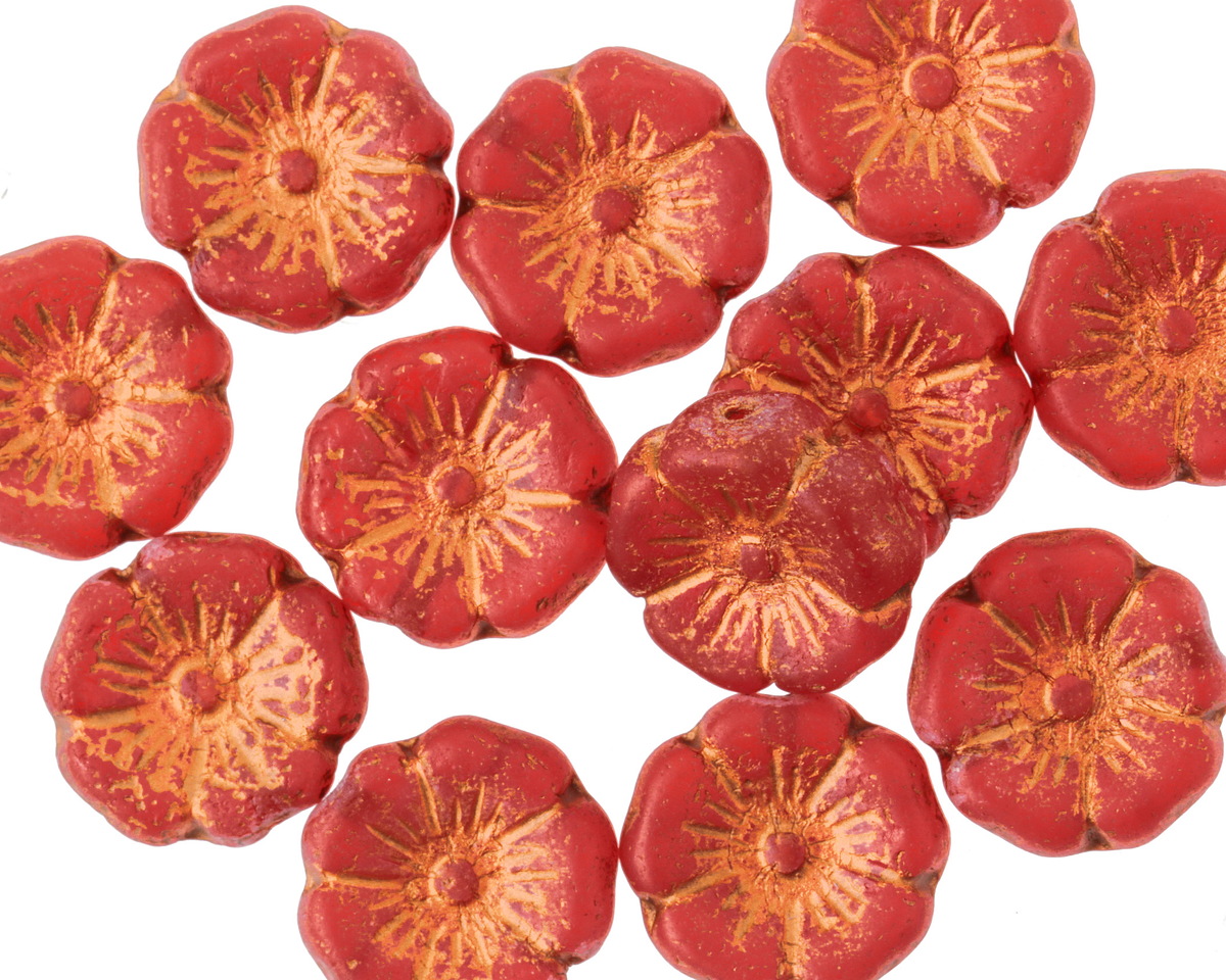 Czech Glass Etched Ruby Red w/ Copper Wash Hibiscus Coin 12mm