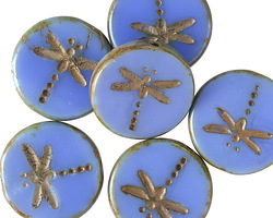 Czech Glass Cornflower Picasso w/ Gold Dragonfly Coin 17mm