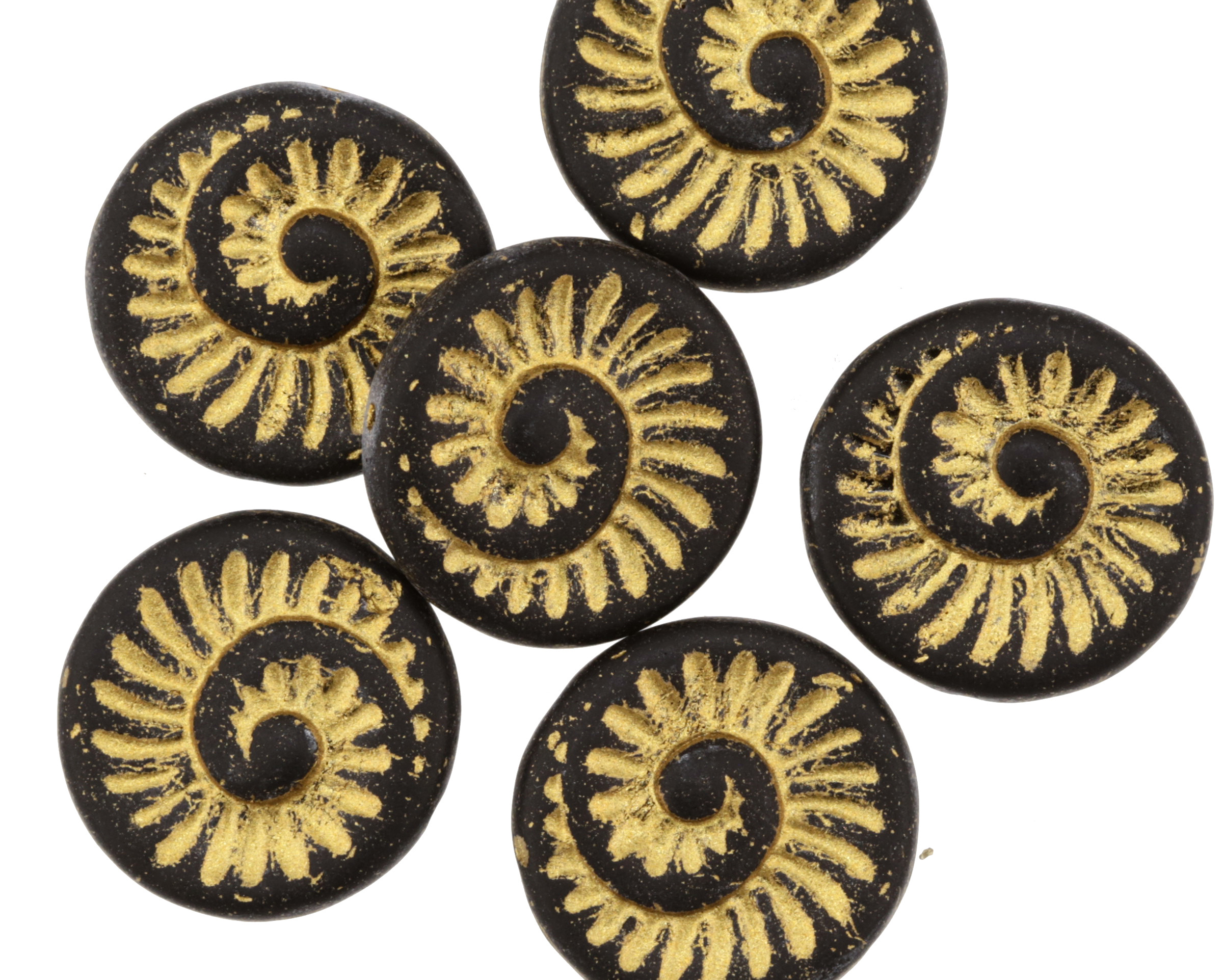 Czech Glass Matte Jet w/ Gold Ammonite Coin 18mm