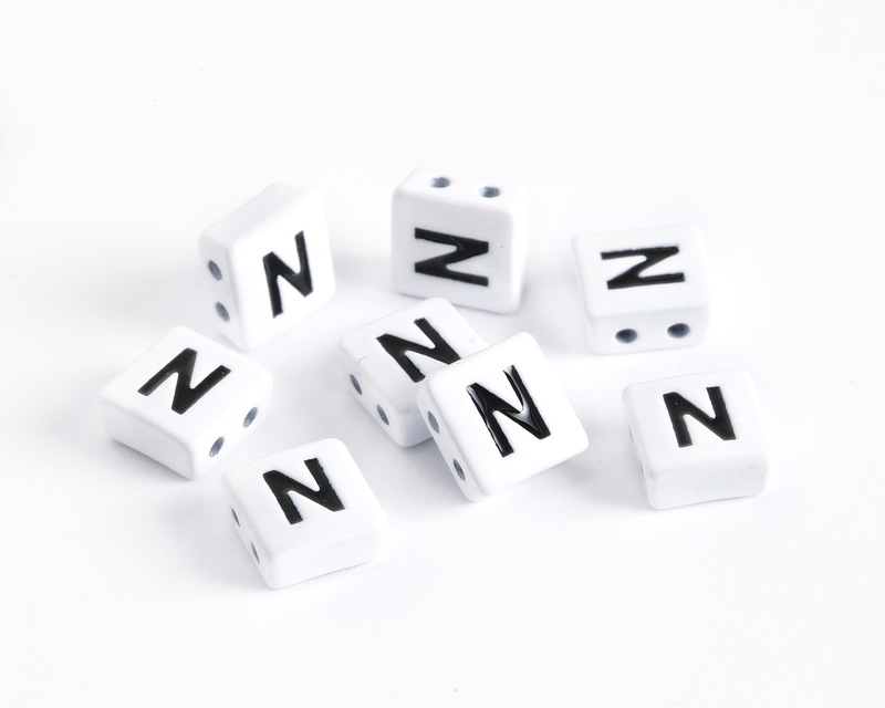 White Enamel 2-Hole Tile Square Bead w/ Letter "N" 8mm